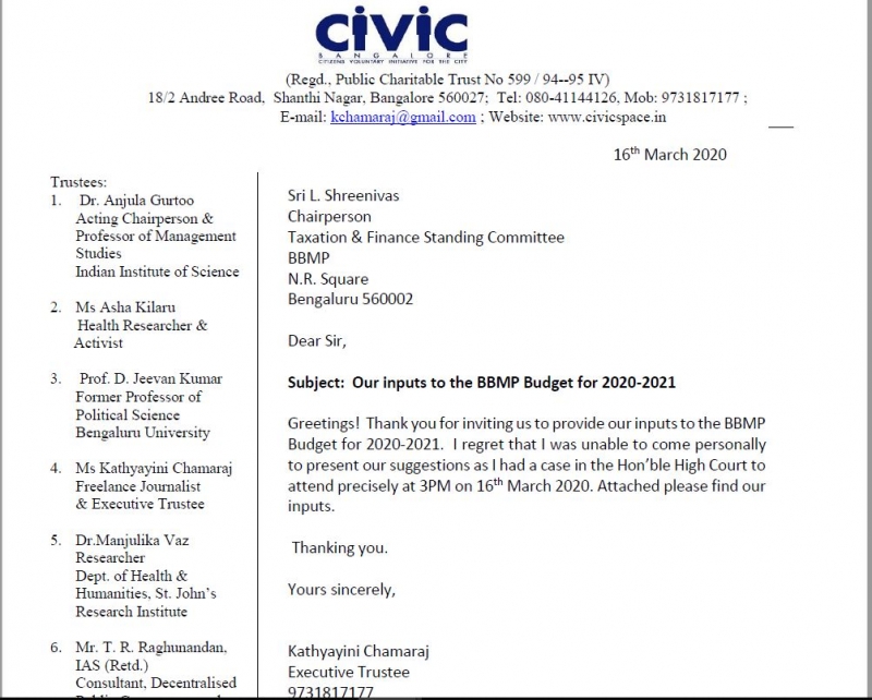 Memorandum to BBMP on Budget 2020-21 : 16.03.2020 - CIVIC Bangalore